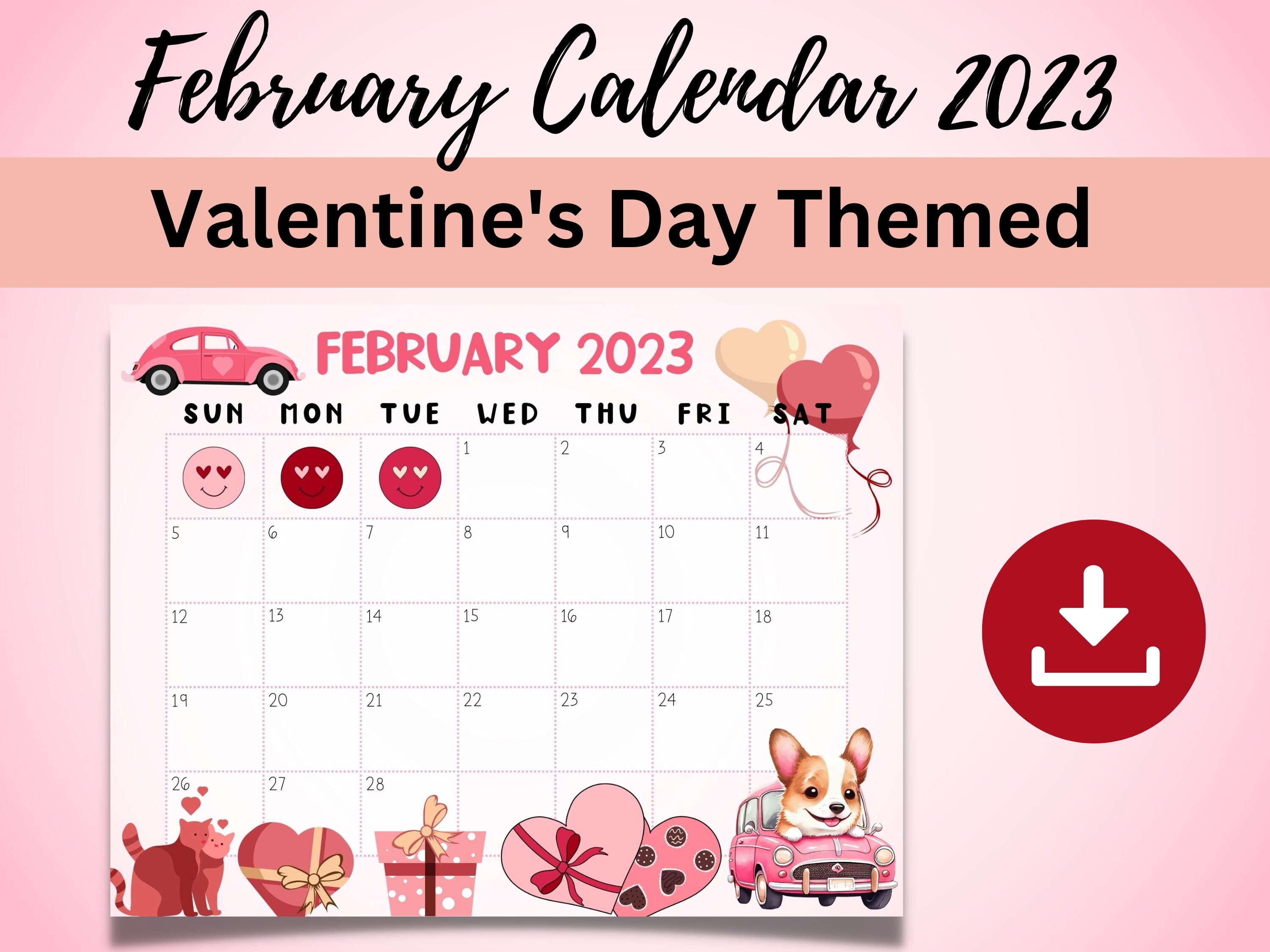 Printable Valentine's Day Themed February Calendar 2023 - Etsy