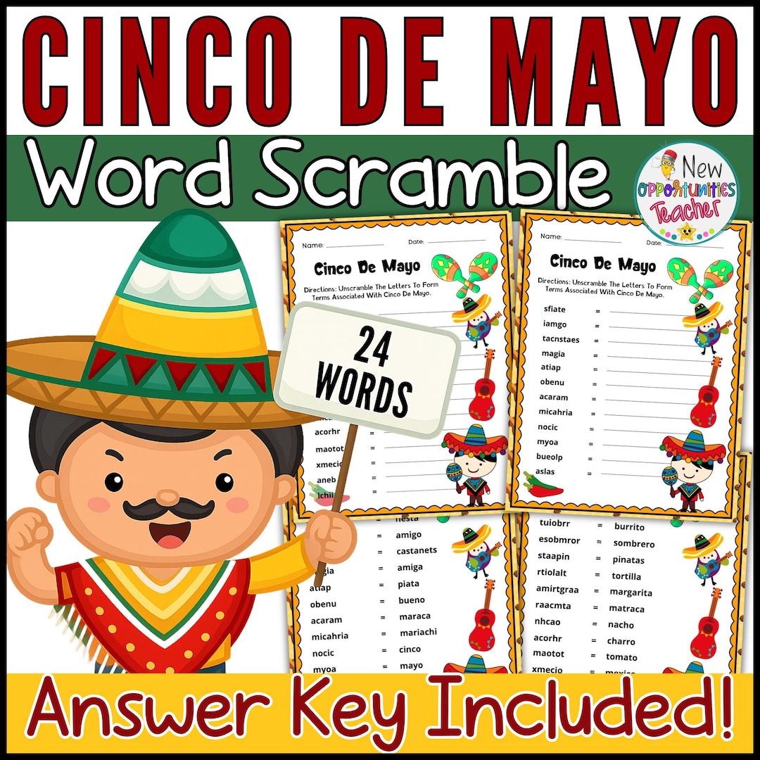 Cinco De Mayo Word Scramble Worksheets | Mexico Word Games for May 5 - Etsy