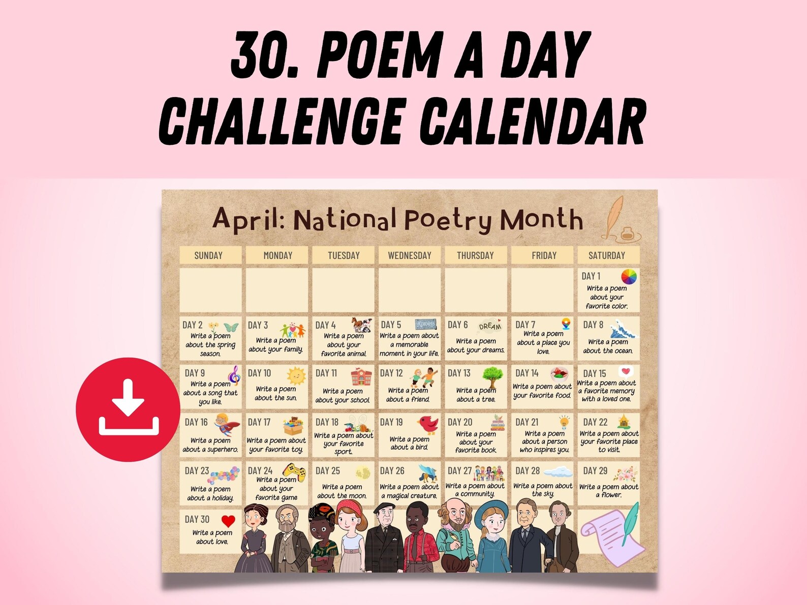 Printable Poem A Day Challenge April Calendar 2023 | National Poetry ...