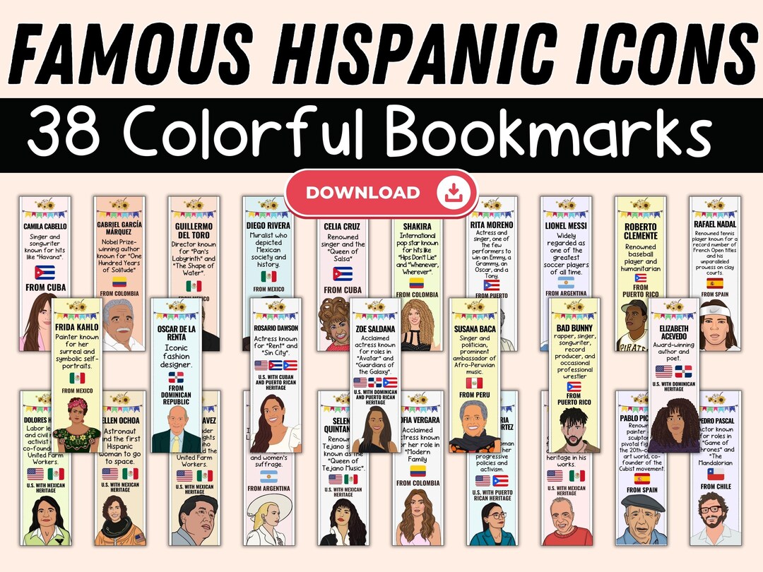 Famous Hispanic Icons Bookmarks - Hispanic Heritage Month Bookmarks ...