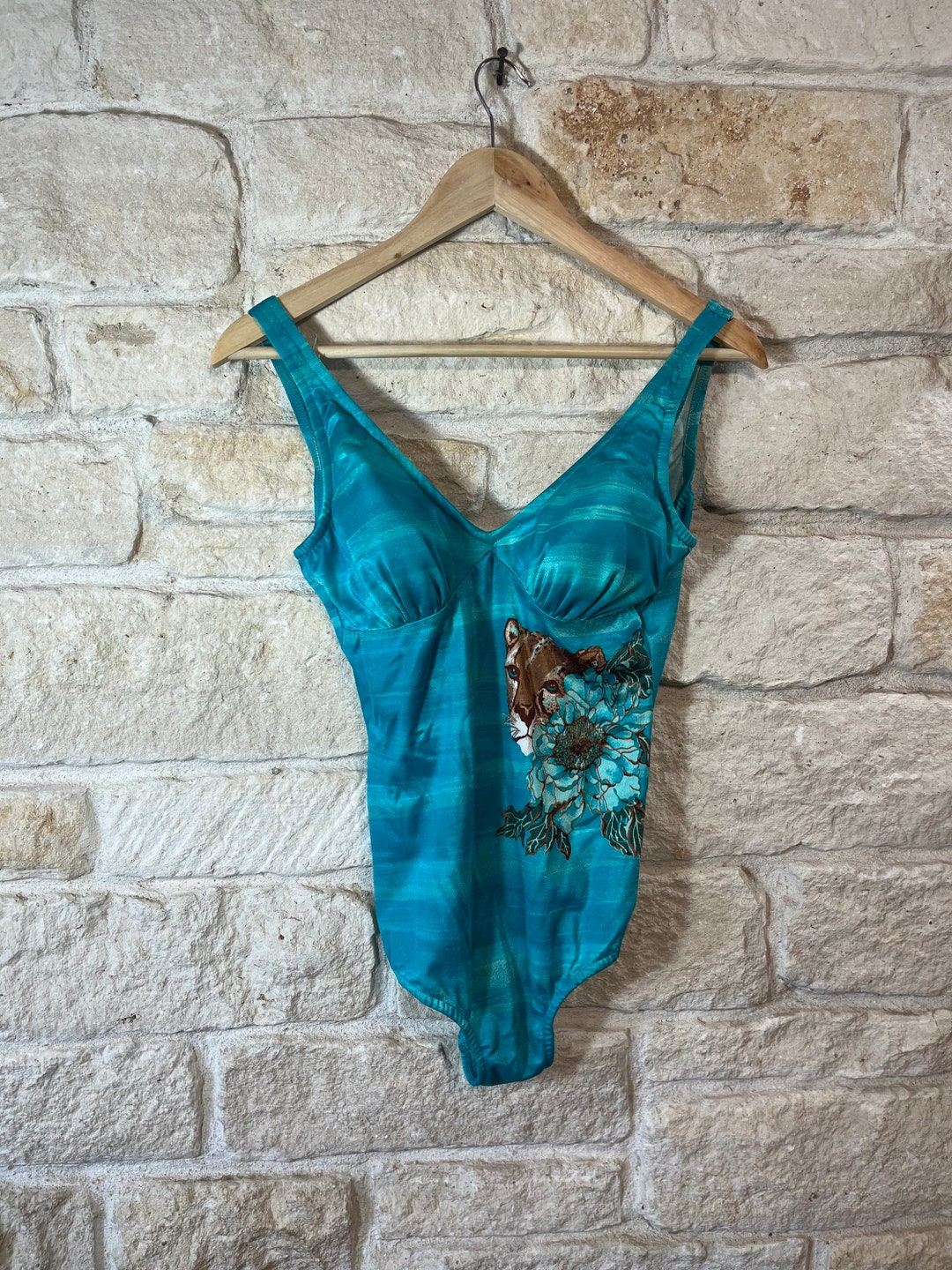70s Turquoise Tiger One Piece Swimsuit - 1970s Bathing Suit - Union ...