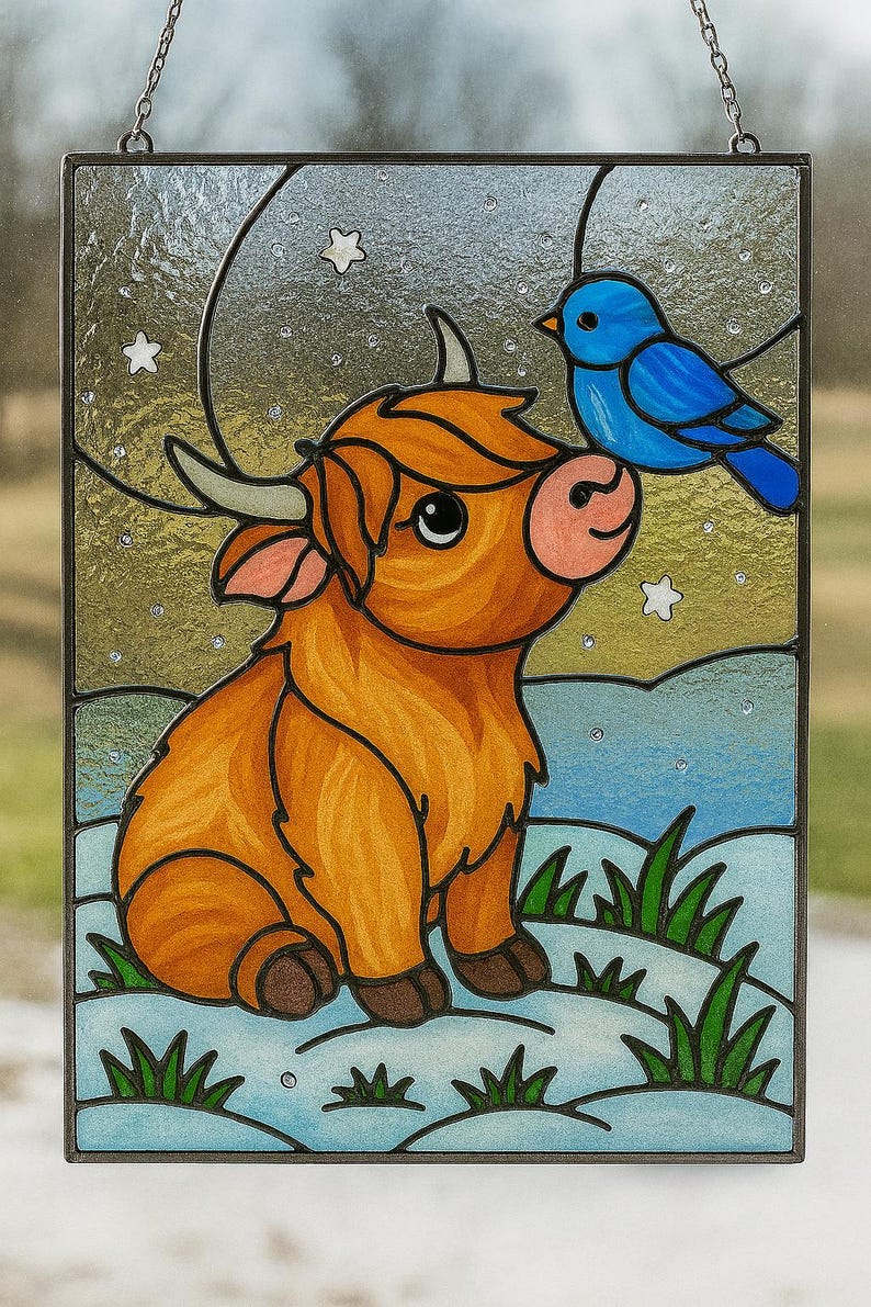 Cow Bird Stained Glass Pattern, DIY Window Art Suncatcher Template ...