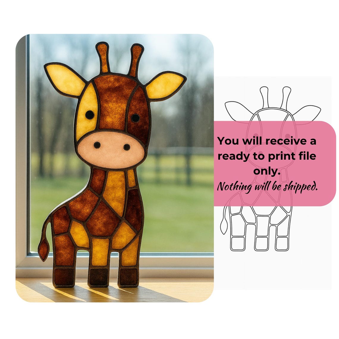 Giraffe Stained Glass Pattern: DIY Animal Suncatcher (PNG Digital ...