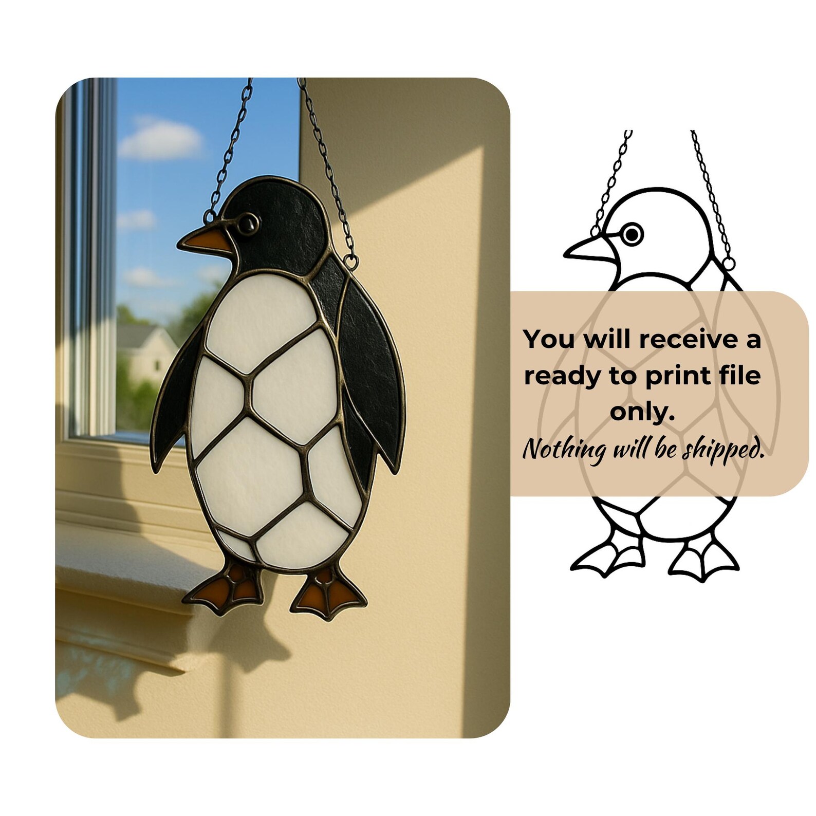 Penguin Stained Glass Pattern: Winter Suncatcher DIY (PDF & PNG ...