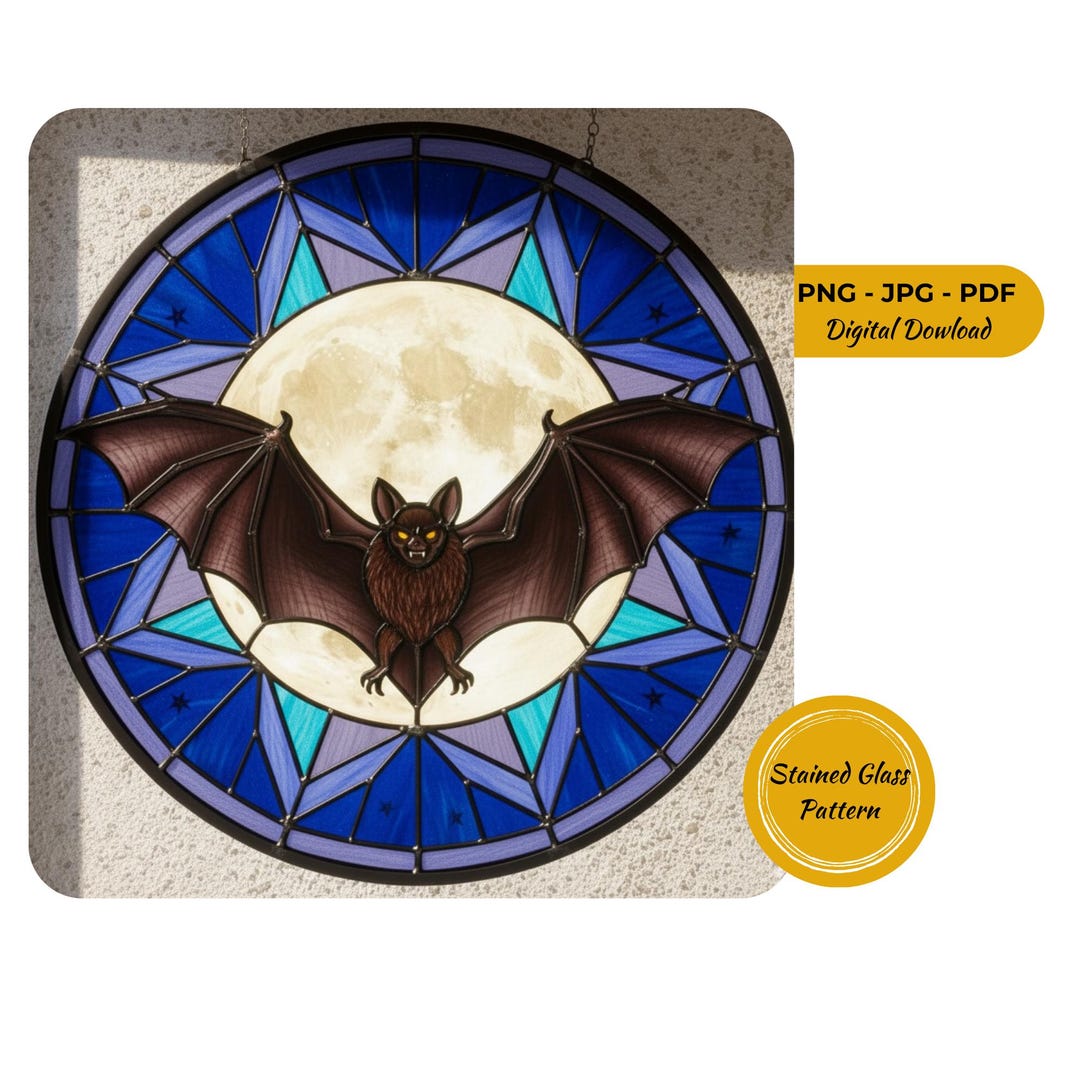 Bat Stained Glass Pattern – Full Moon Gothic Halloween Window Art PNG ...