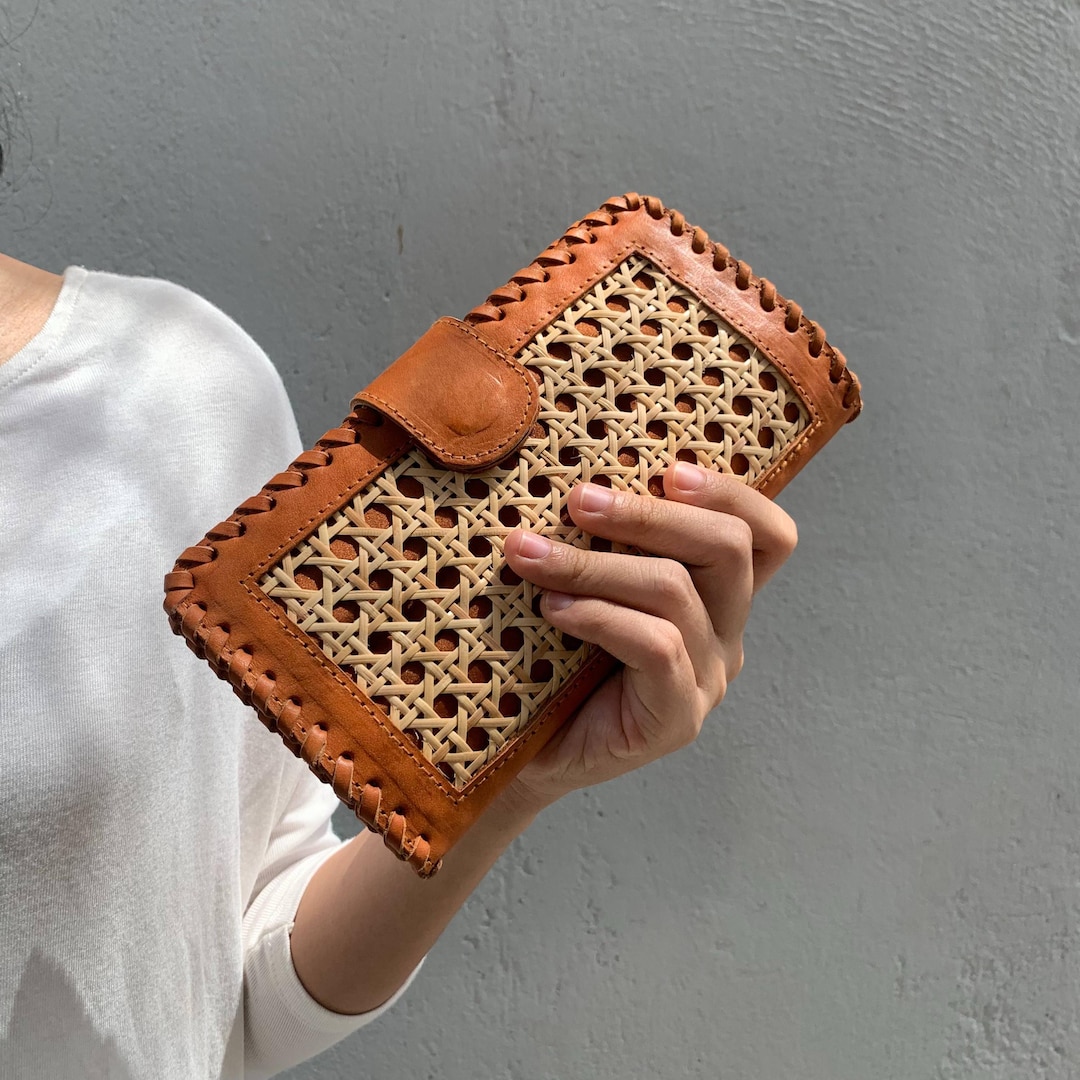 Tan Woven Leather and Rattan Long Wallet: Handmade Women Purse - Etsy