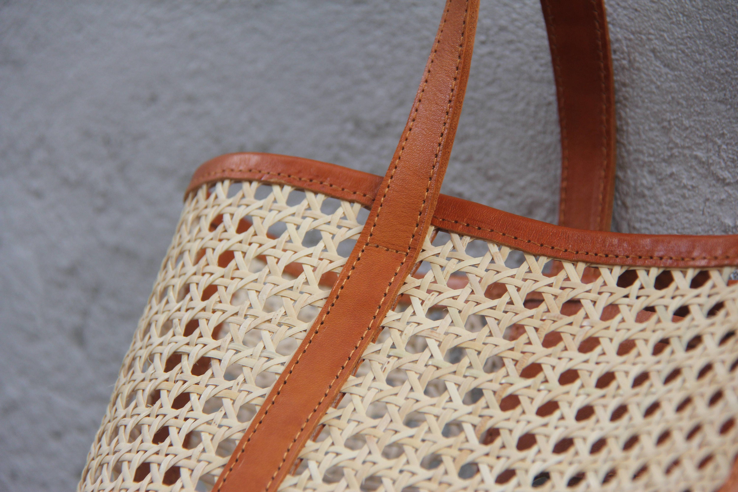 Large Shopping Bag Rattan Cane Leather Tote Bag Summer Style Beach Bag ...
