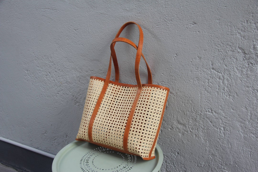 Large Shopping Bag Rattan Cane Leather Tote Bag Summer Style Beach Bag ...