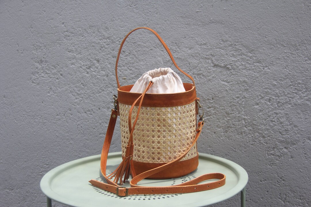 Rattan and Leather Bucket Bag, Handmade Handbag or Slingbag Gifts for ...