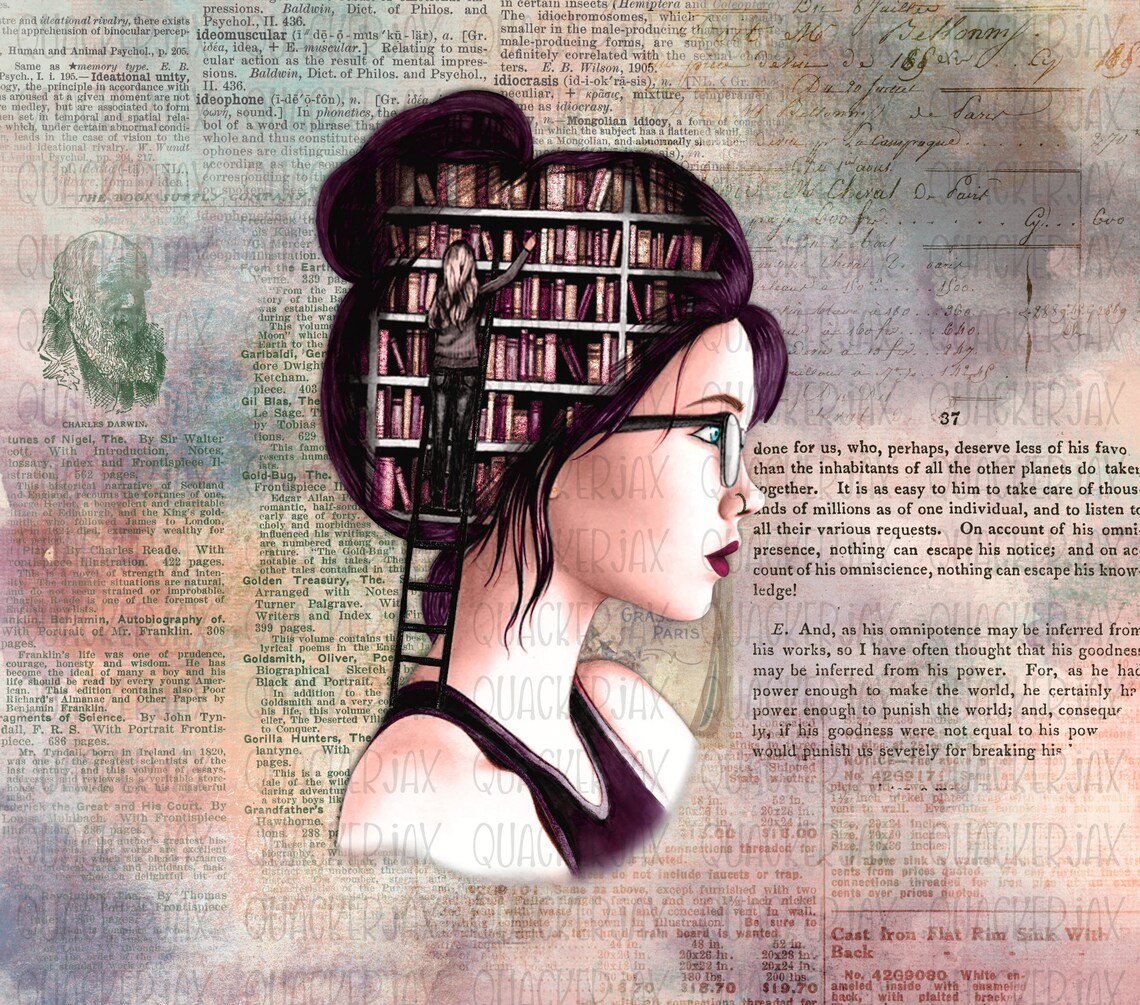 Girl With Books in Head With Old Text Background - 20oz Skinny Tumbler ...