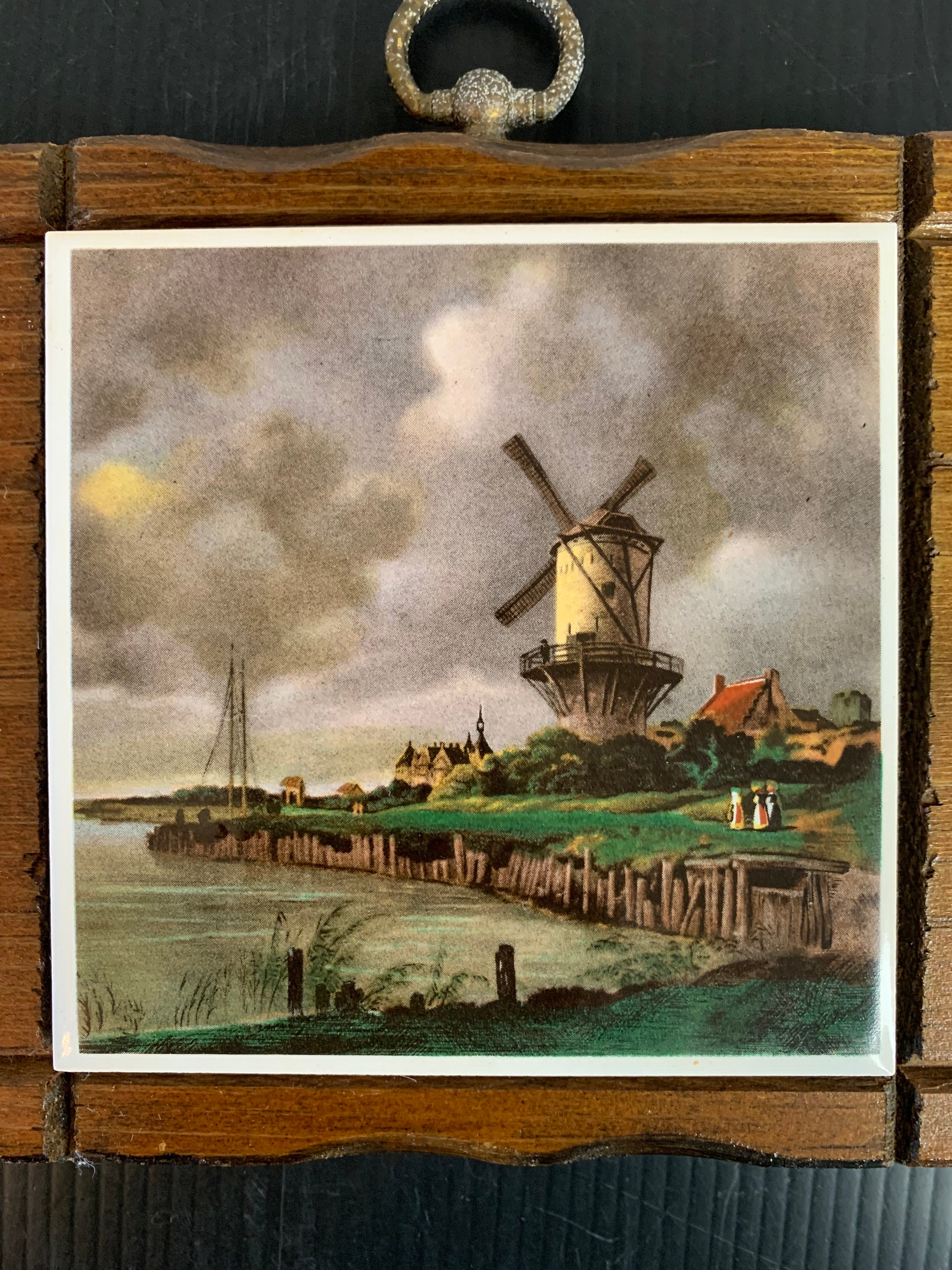Vintage Jerry Schultz Co Square Ceramic Tile Wooden Wall Plaque Trivet ...