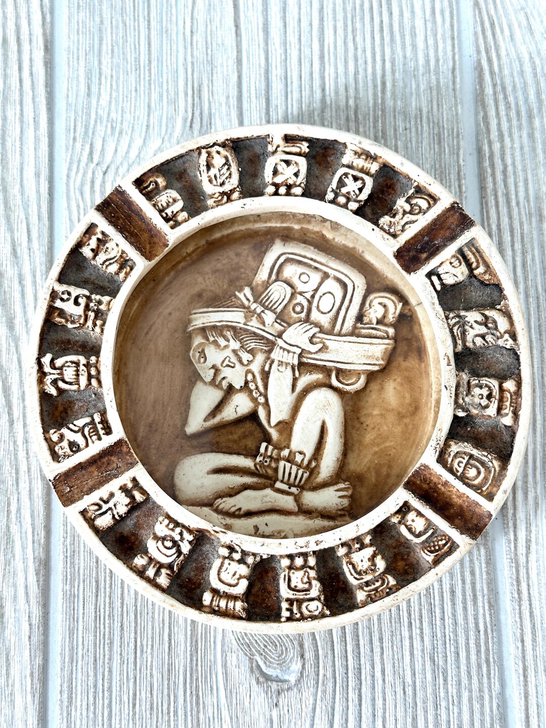 Vintage Mayan Aztec Calendar Circle Ashtray, Time Carrier Figure ...
