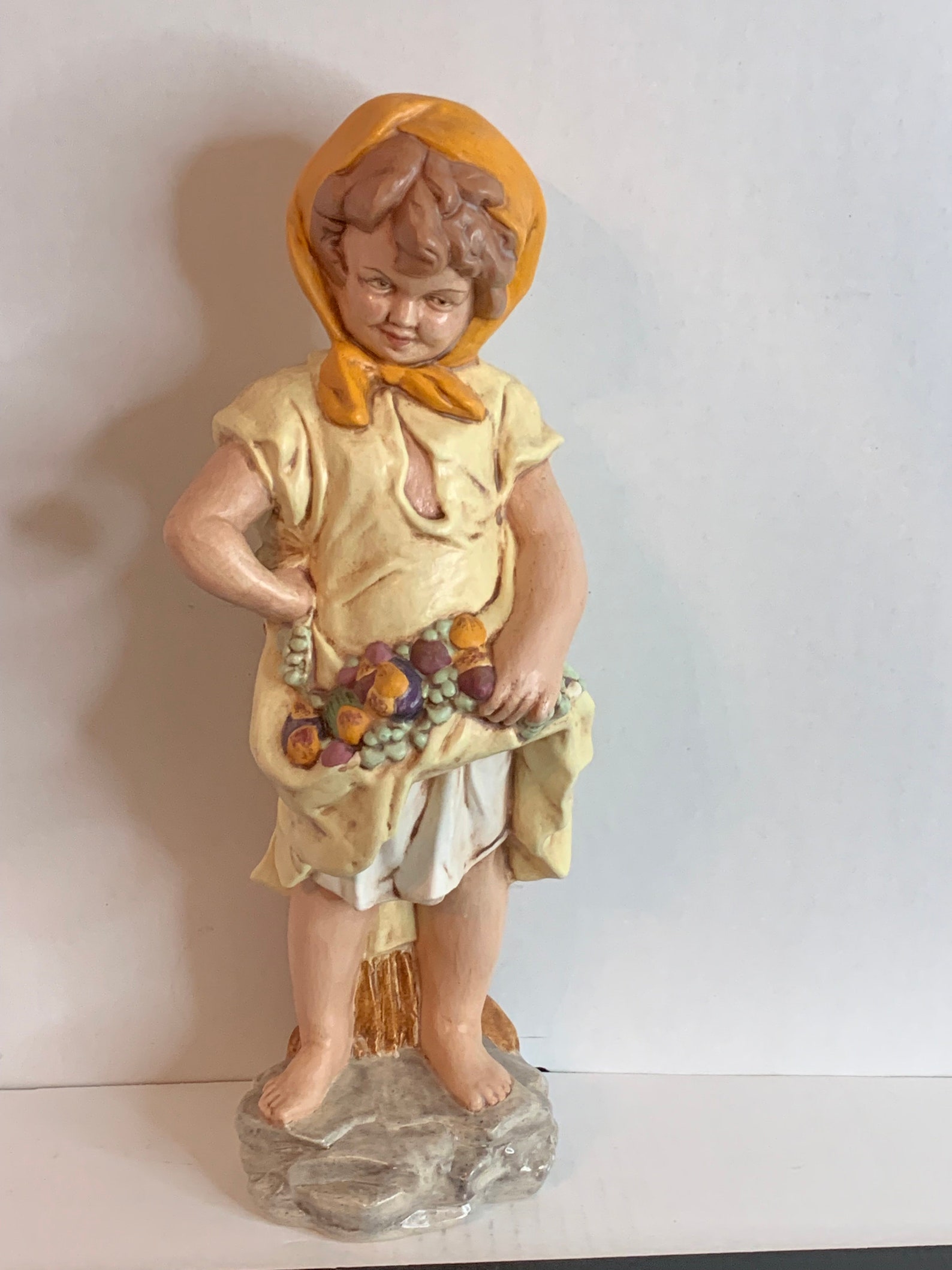 Vintage Chalkware Girl Statue With Apron Vegetables & Grapes, Yellow ...