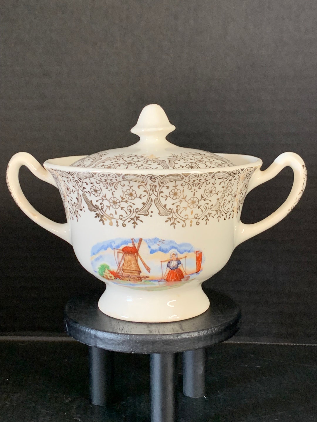 Vintage Stetson STT54 Lidded Sugar Bowl, Gold Filigree Dutch Girl ...