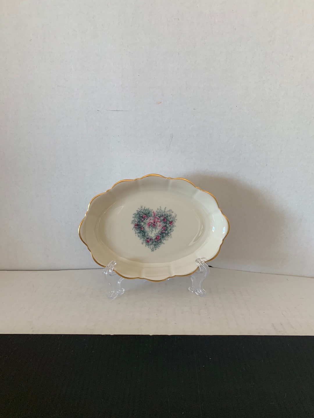 Vintage Pickard China Oval Scalloped Trinket Dish, Heart Shaped Floral ...