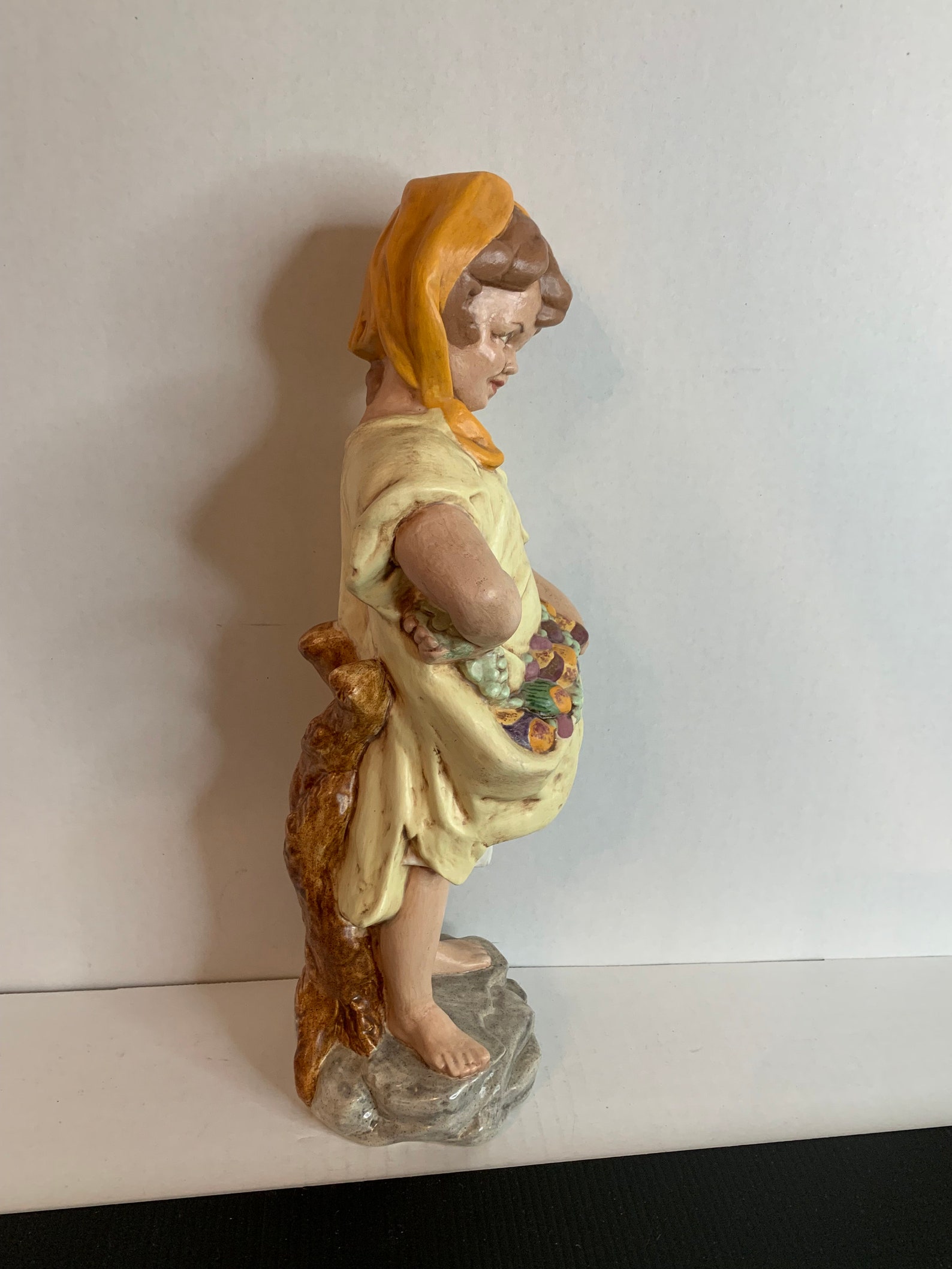 Vintage Chalkware Girl Statue With Apron Vegetables & Grapes, Yellow ...