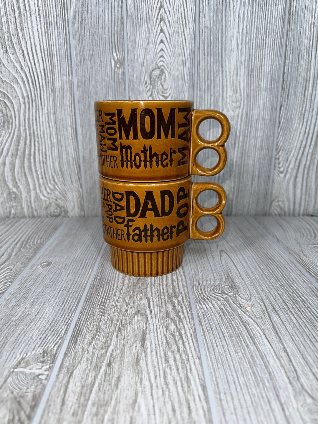 Vintage 1970's Mom Dad Mam Pop Mother Father Stackable Ceramic Brown ...