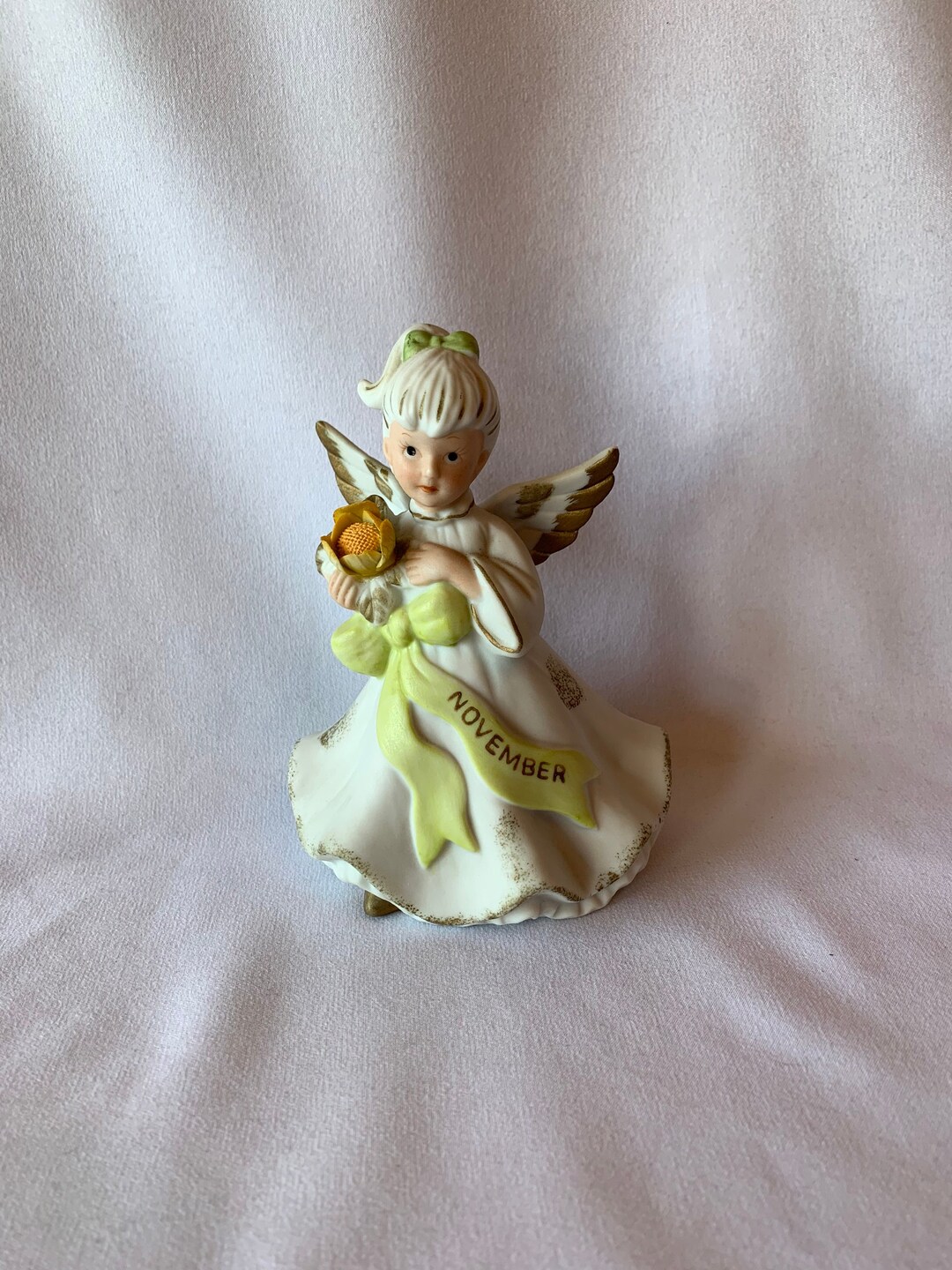 Vintage November Birthday Girl Angel Holding Flower, Gold Accent Trim ...