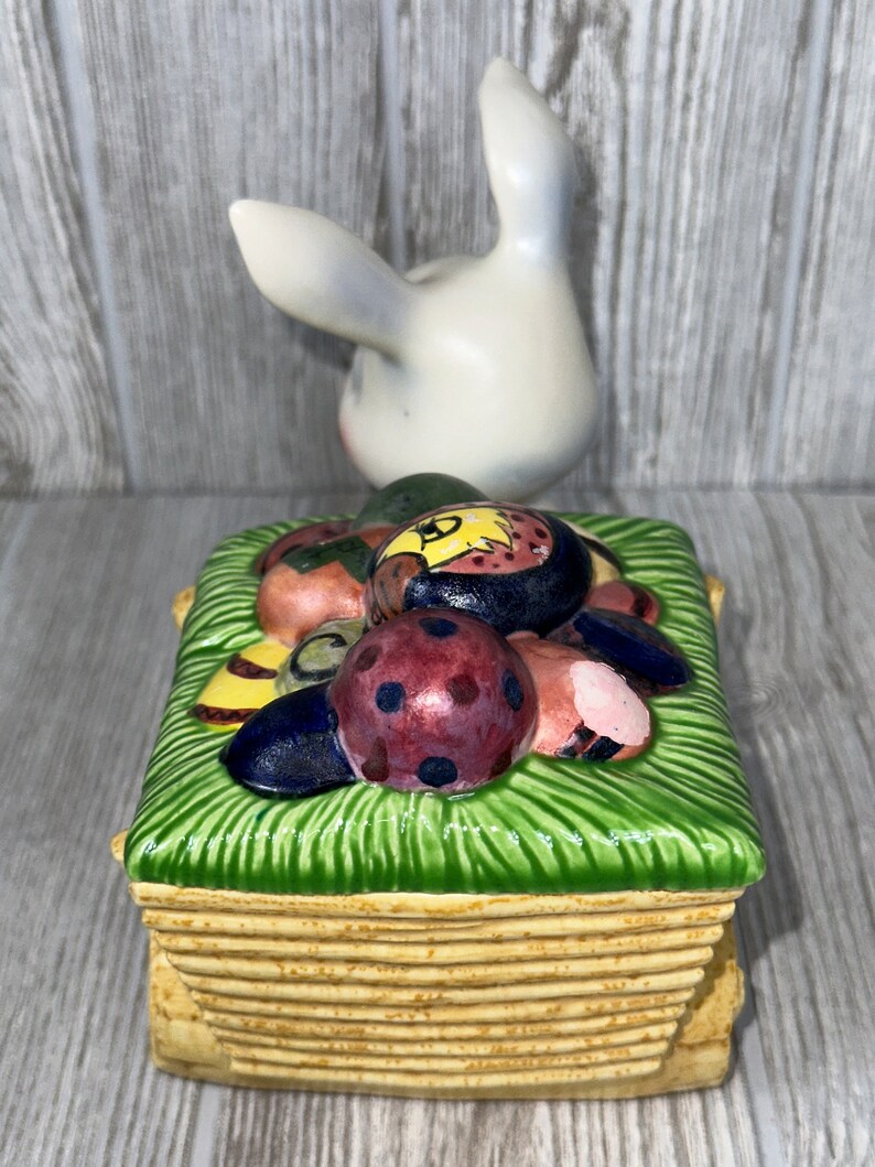 Vintage Ceramic Big Eyed Smiling Rabbit Pulling Egg Filled Straw Cart ...