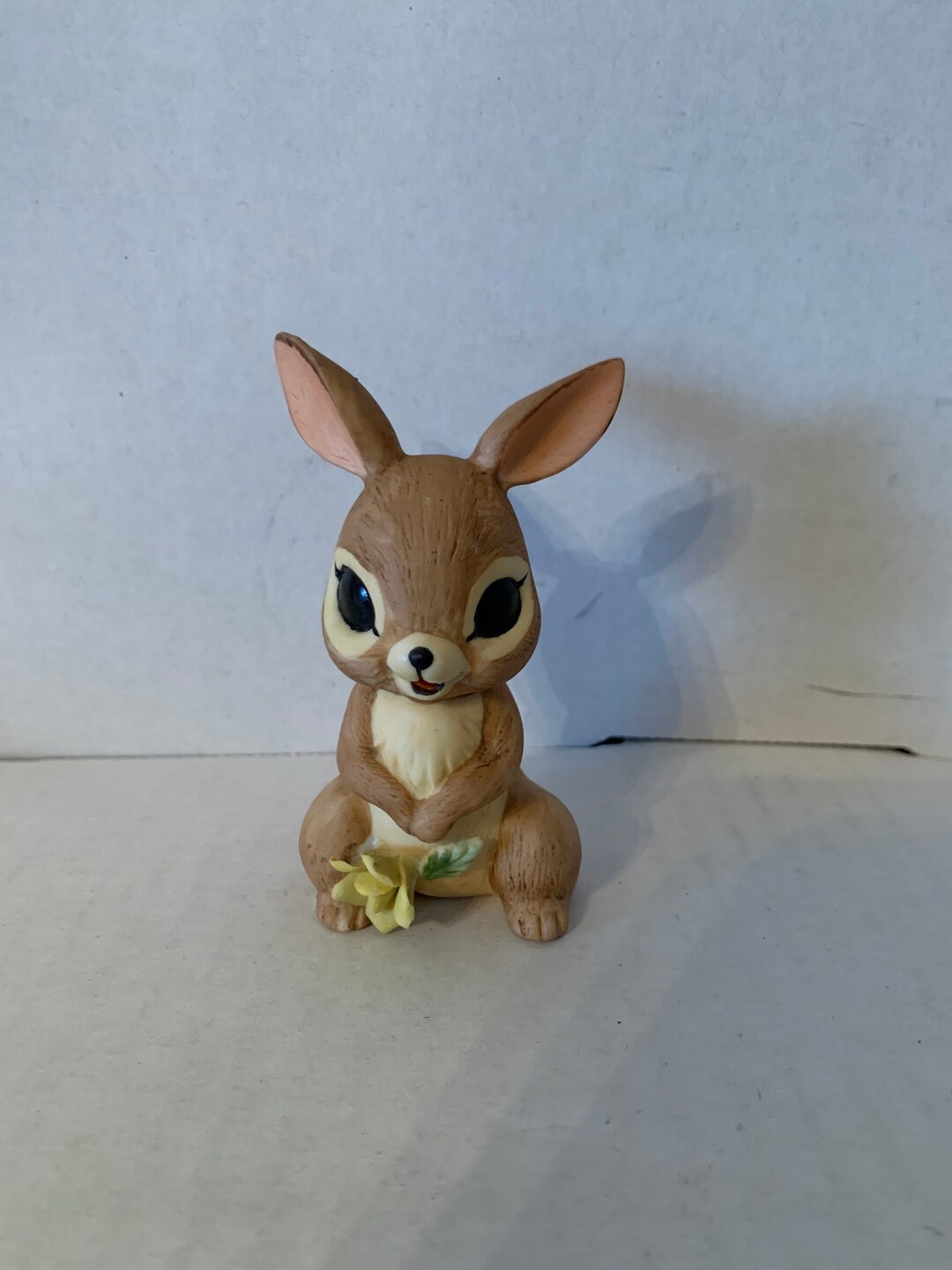 Vintage Big Eyed Happy Brown Bunny Figurine With Yellow Rose, Woodland ...