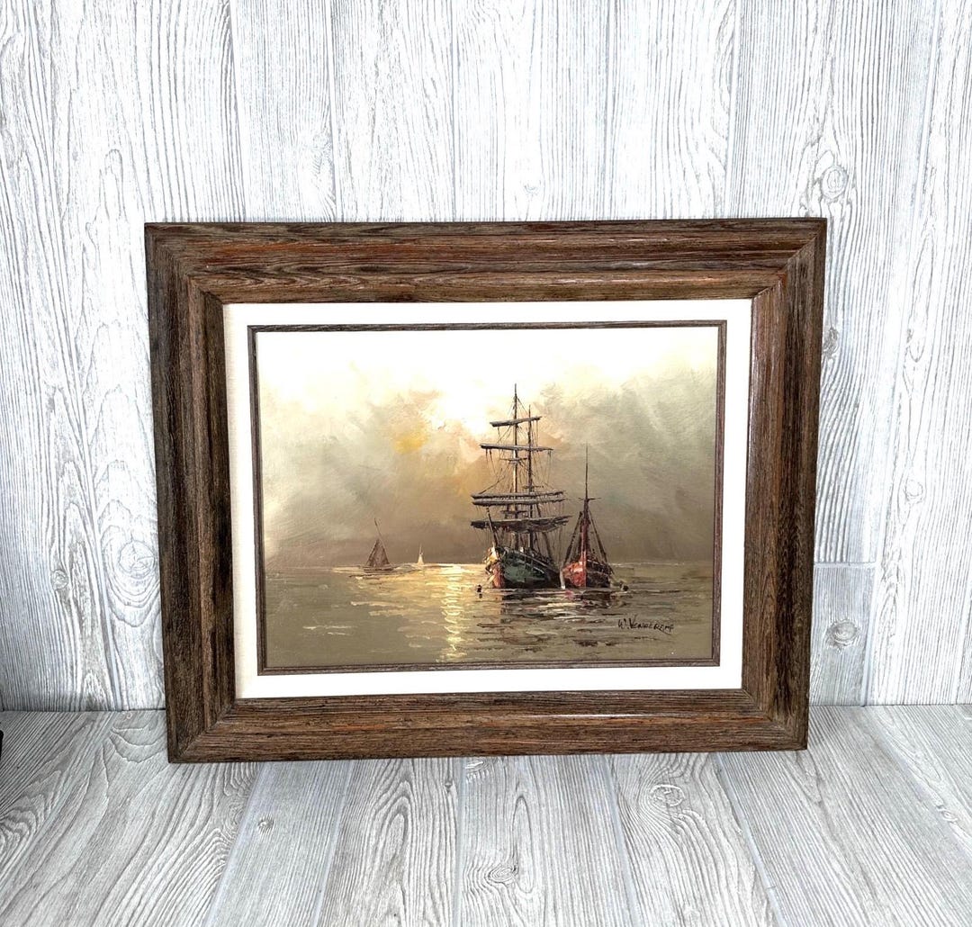 Vintage W. Vennekamp Framed Canvas Oil Painting, Ships Sailboat, Dark ...