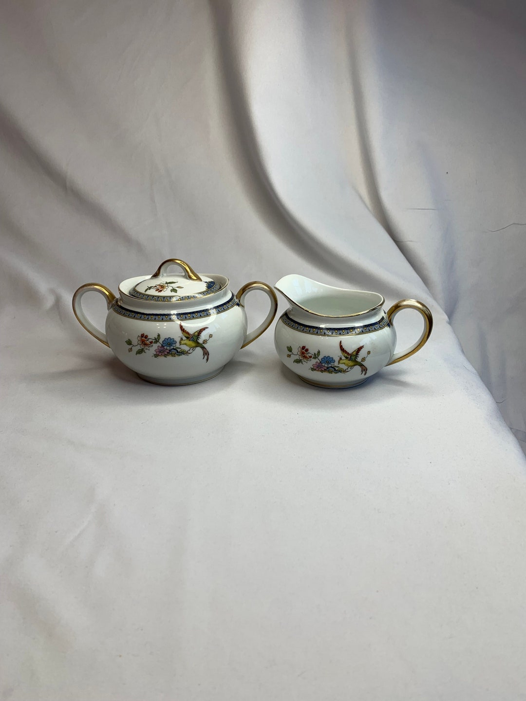 Vintage Noritake Modesta Lidded Sugar Bowl and Creamer, Blue & Yellow ...