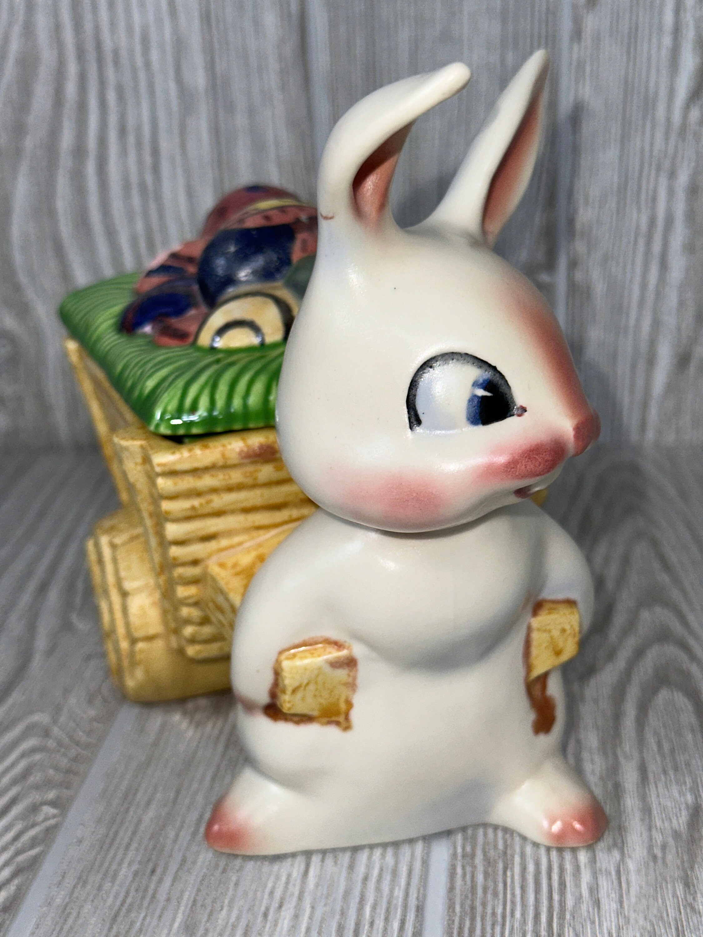 Vintage Ceramic Big Eyed Smiling Rabbit Pulling Egg Filled Straw Cart ...