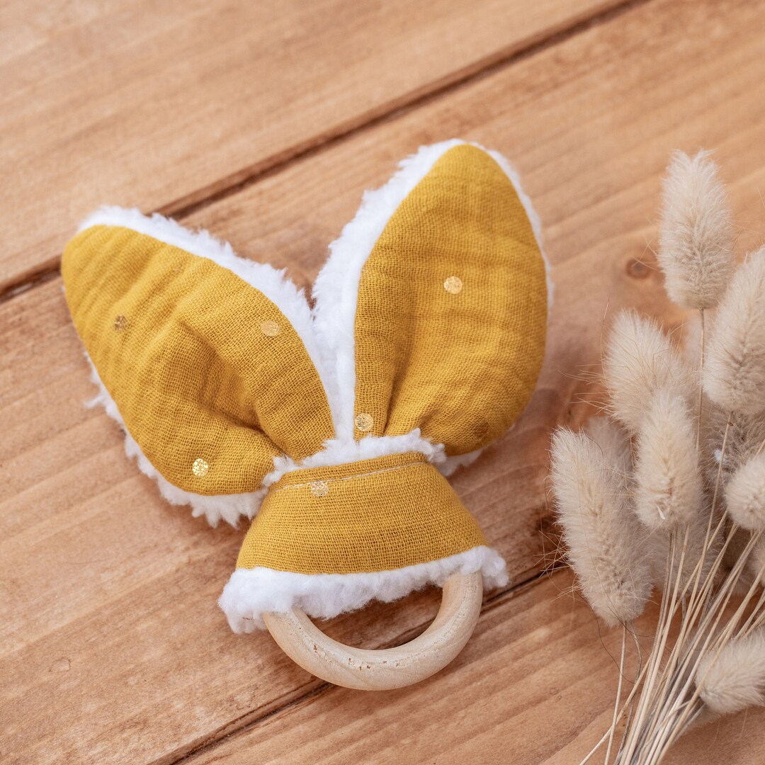 Double Cotton Gauze Rabbit Ears Rattle / Baby Teething Ring / Wooden ...