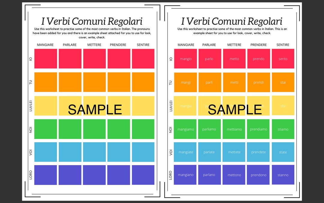 Italian Common Verbs Conjugation Worksheet Chart Rainbow - Etsy