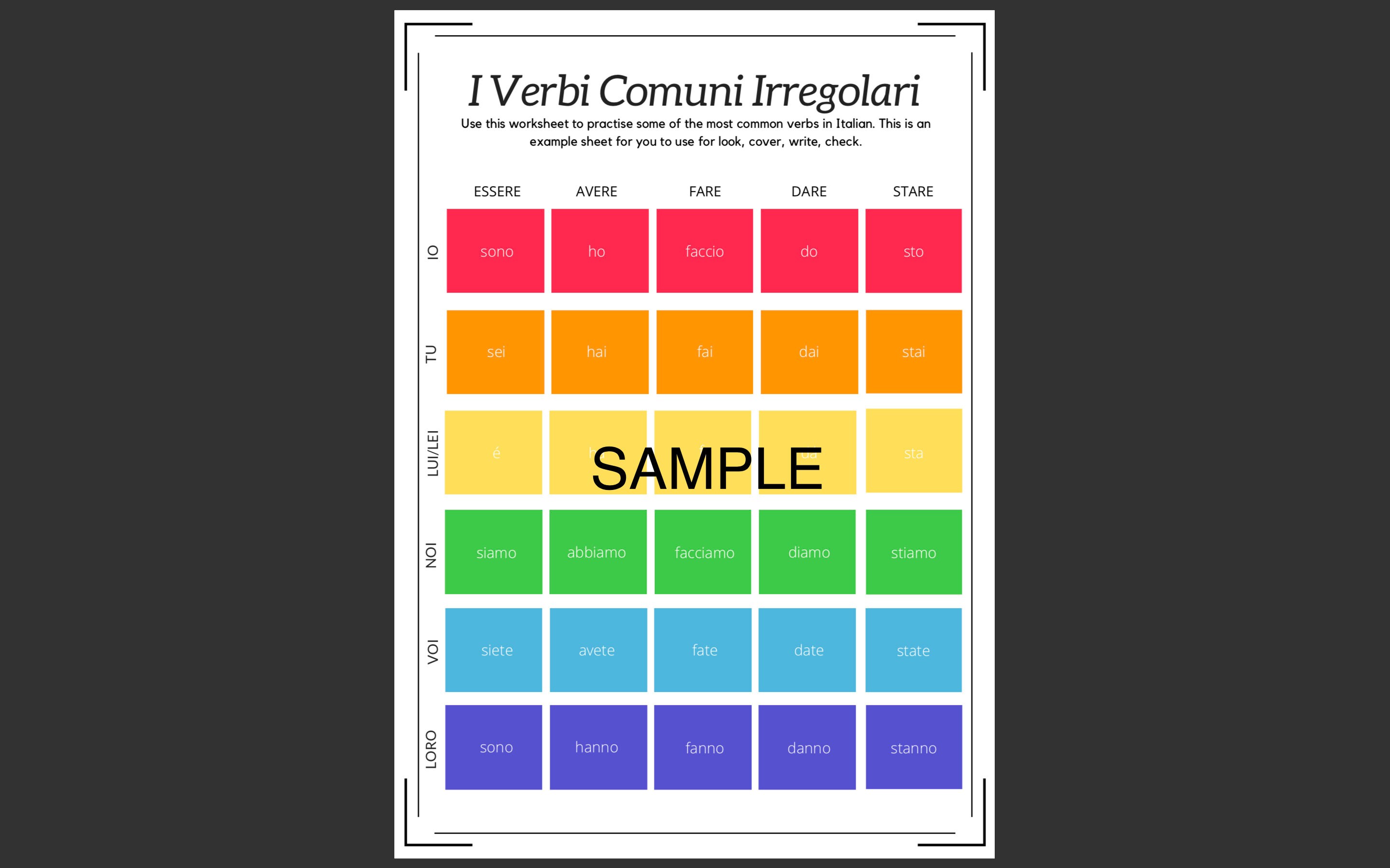 Italian Common Verbs Conjugation Worksheet Chart Rainbow - Etsy