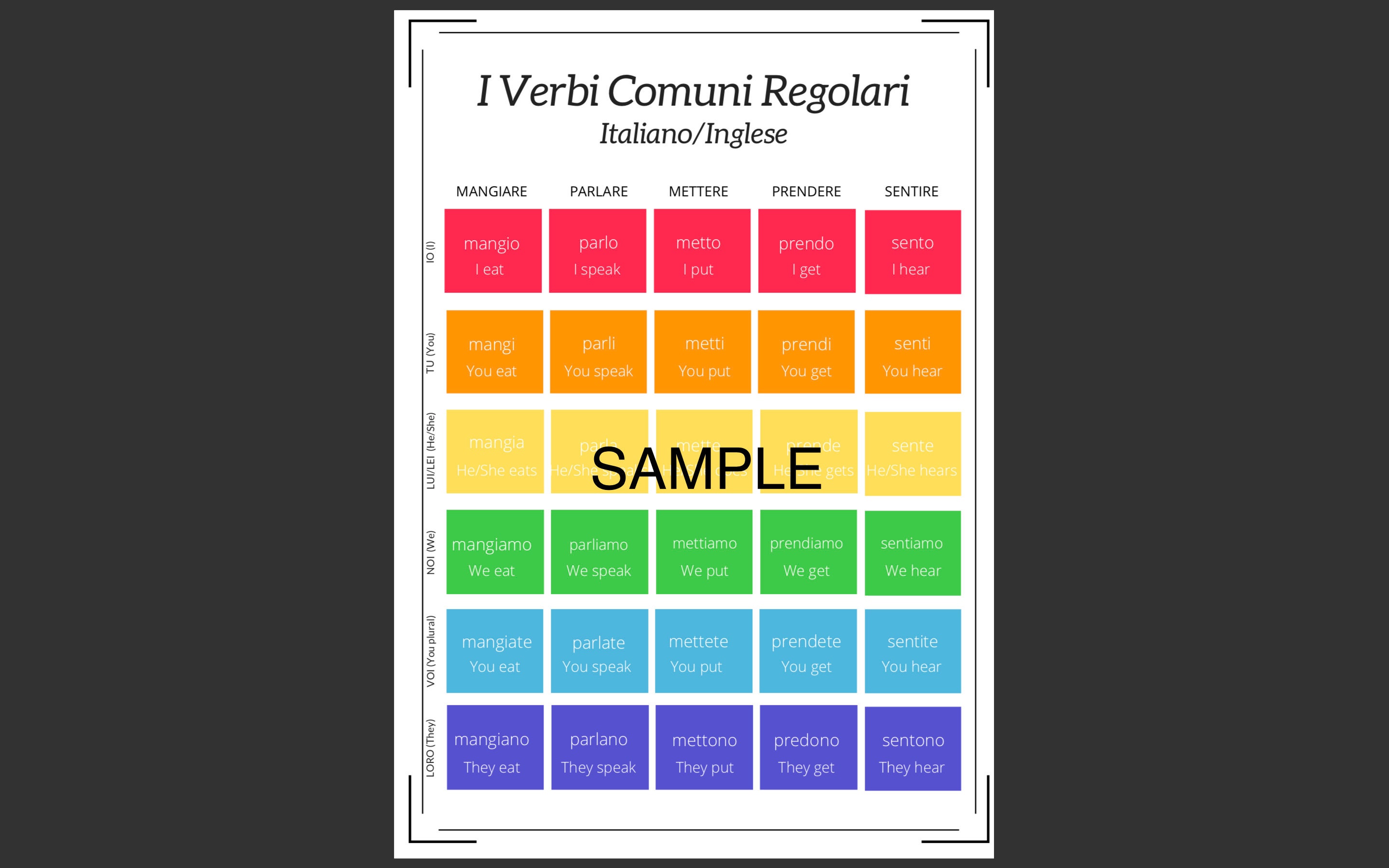 Italian Common Verbs Conjugation Worksheet Chart Rainbow - Etsy