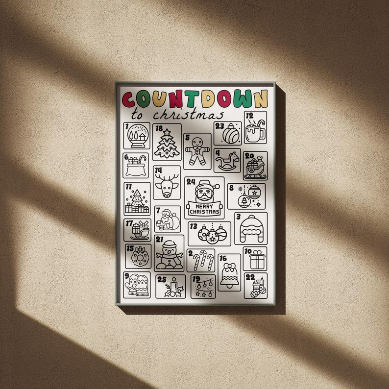 Christmas Advent Calendar Coloring Poster: Holiday, Countdown, Activity ...