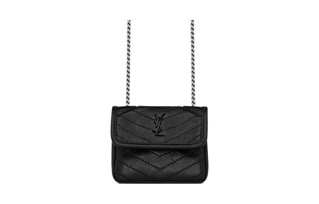 SAINT-LAURENT YSL Niki Black Label Logo Chain Pleated Cow Leather ...