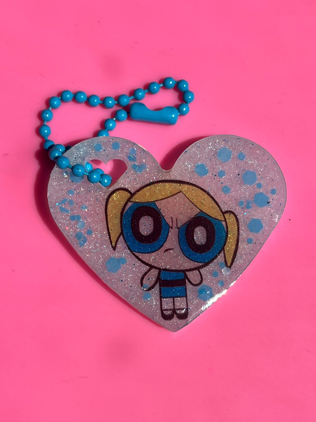 Heart Keychain: Grumpy Bubbles, Blue Glitter & Bead Chain - Etsy