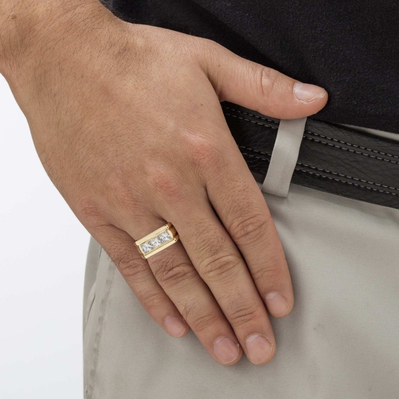 Mens Three Stone Moissanite Ring, Men's Silver & Gold Unique Wedding ...