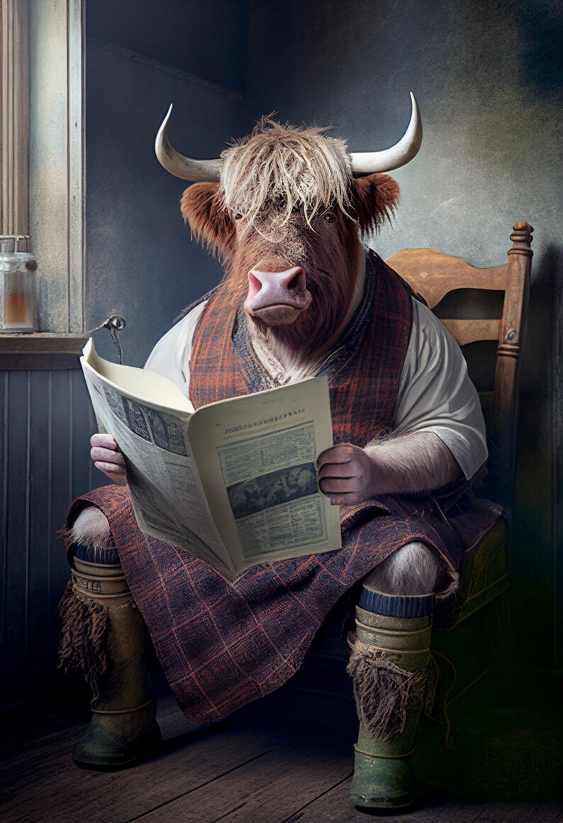Highlander Cow Reading Newspaper Art Victorian Highlander Cow - Etsy