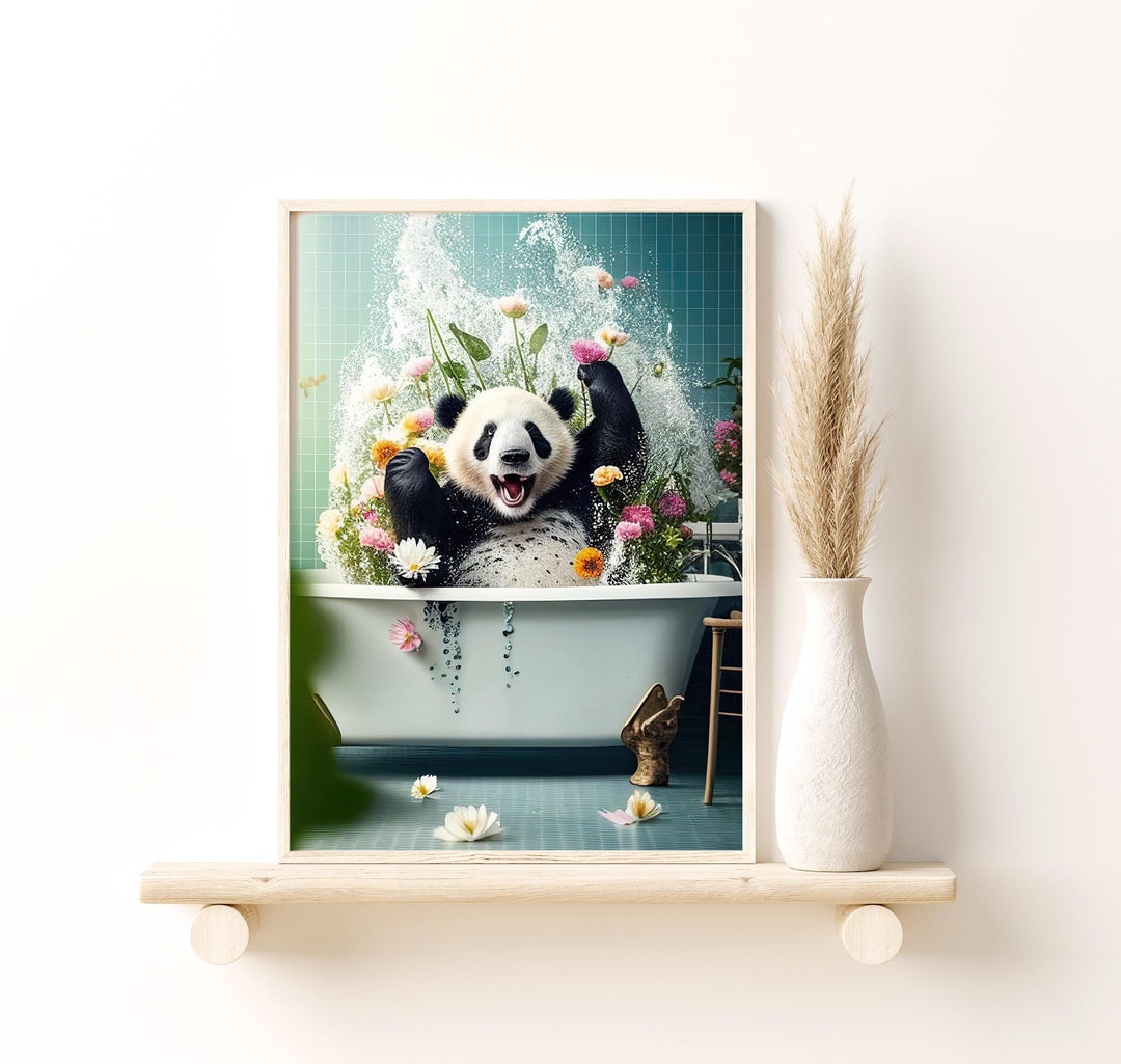 Happy Panda in Bathtub Tropical Jungle Art, Monstera Leaves Tropical ...