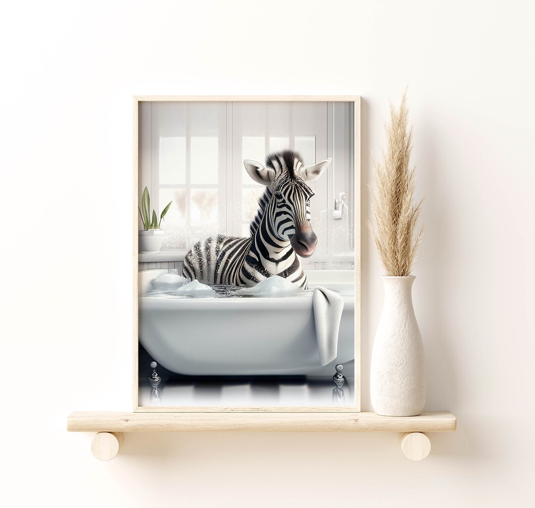 Zebra Bathing in Bathtub Print, Funny Bathroom Print, Zebra Bathing ...