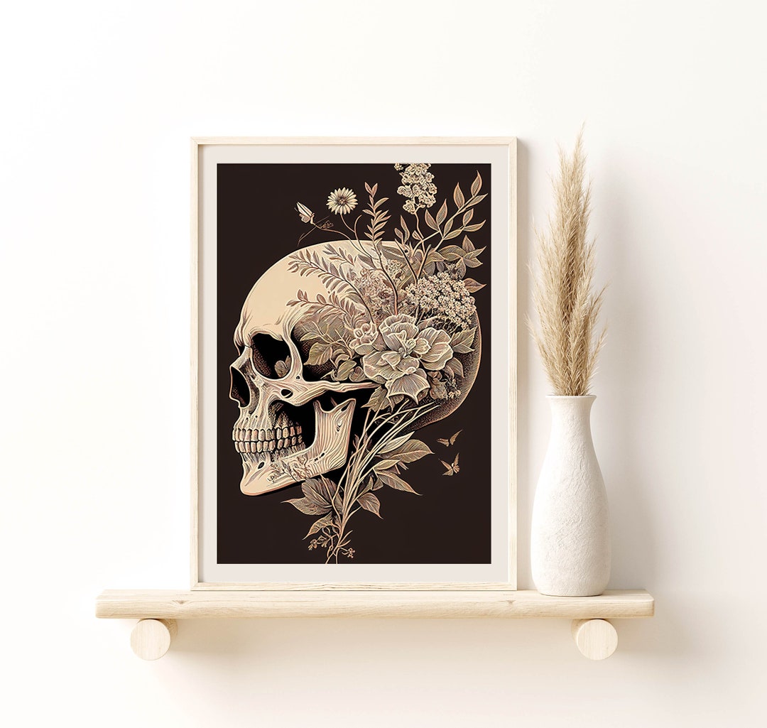 Vintage Skull With Flowers Poster, Engraved Skull Gothic Art Print ...