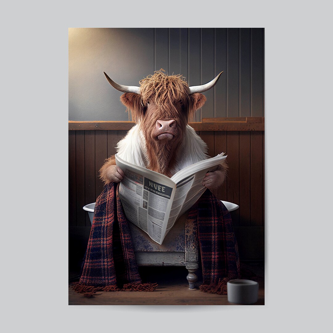 Highlander Cow Reading Newspaper in Bath Art, Victorian Highlander Cow ...