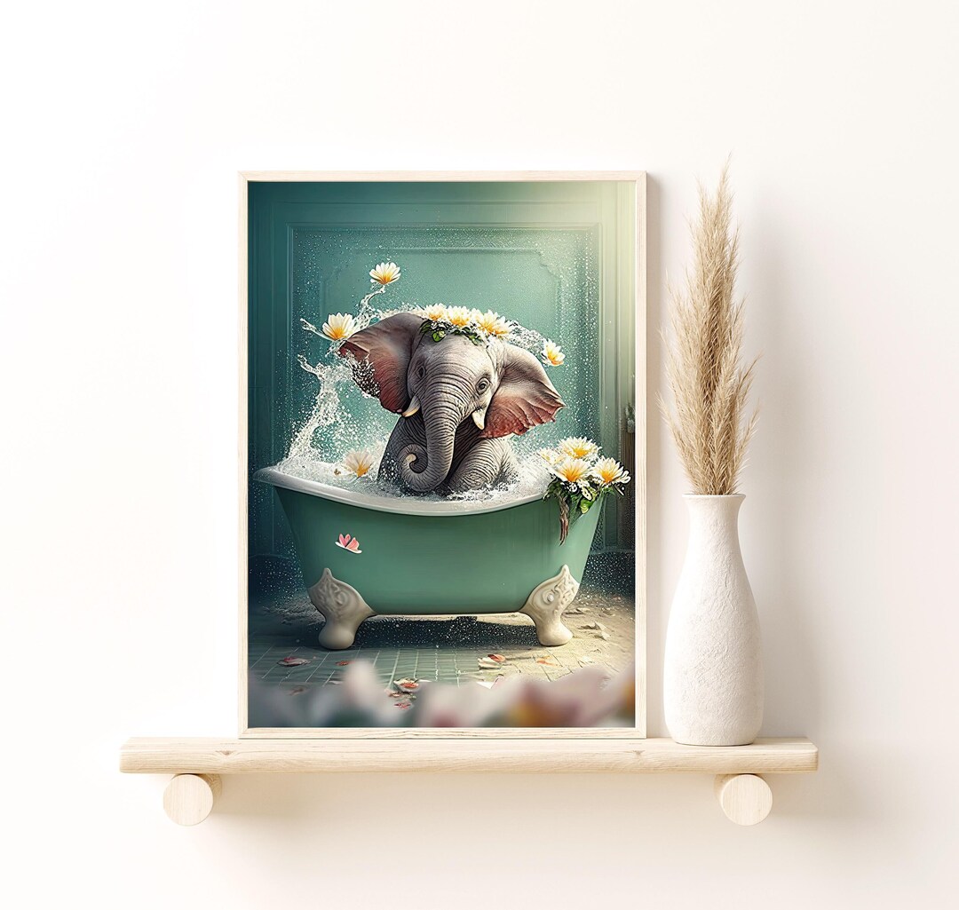 Cute Elephant in Bathtub Tropical Jungle Art, Daisies Tropical Flowers ...