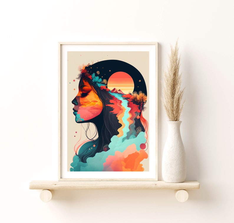 Watercolor Boho Woman and Sun Poster, Stylish Boho Minimal Wall Art ...