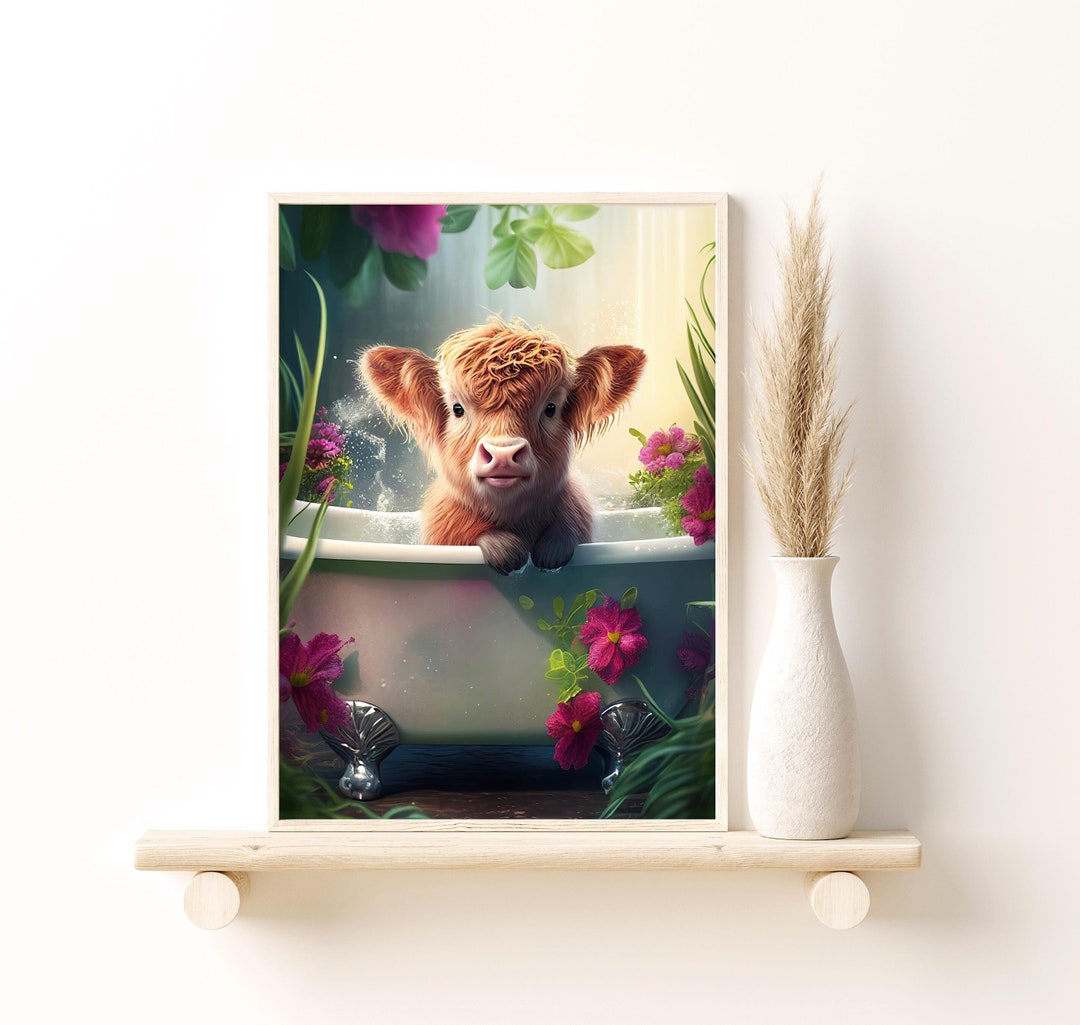 Cute Highlander Cow Baby in Bathtub Tropical Jungle Art, Tropical ...