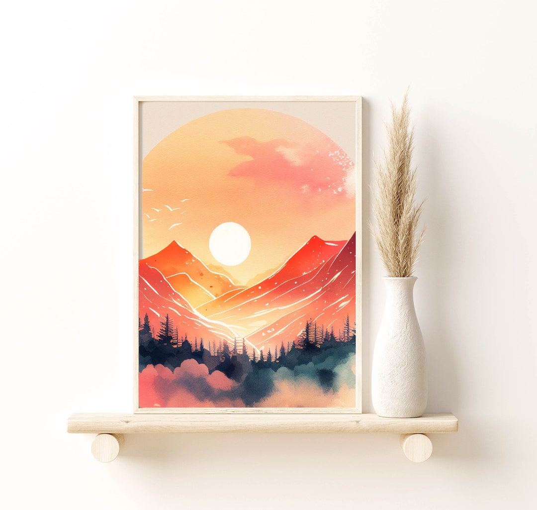 Dawn in the Valley Watercolor Boho Landscape Art Print, Boho Landscape ...