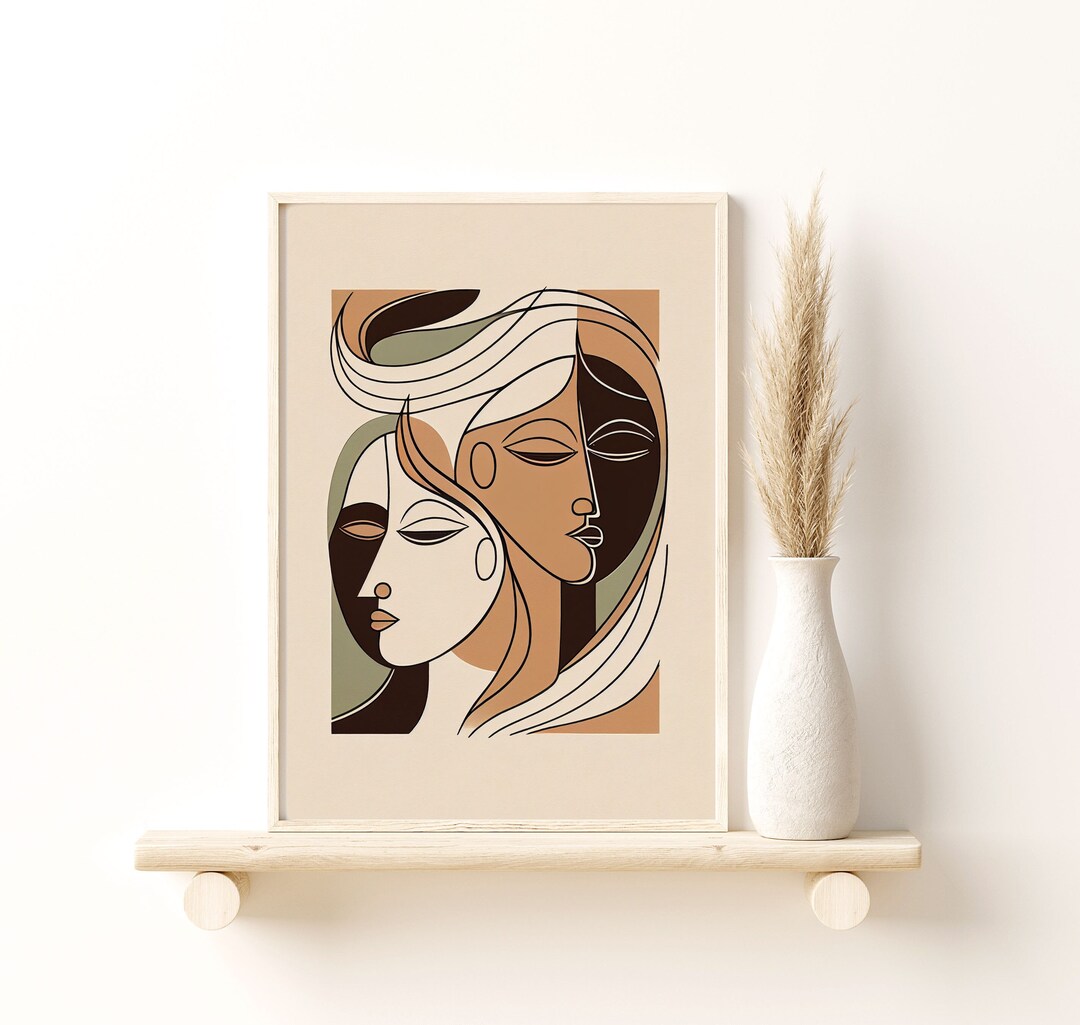 Picasso Style Line Art Faces Earth Tones Art Print, Contemporary Art ...