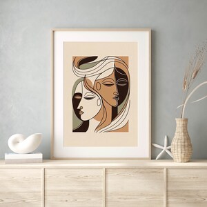 Picasso Style Line Art Faces Earth Tones Art Print, Contemporary Art ...