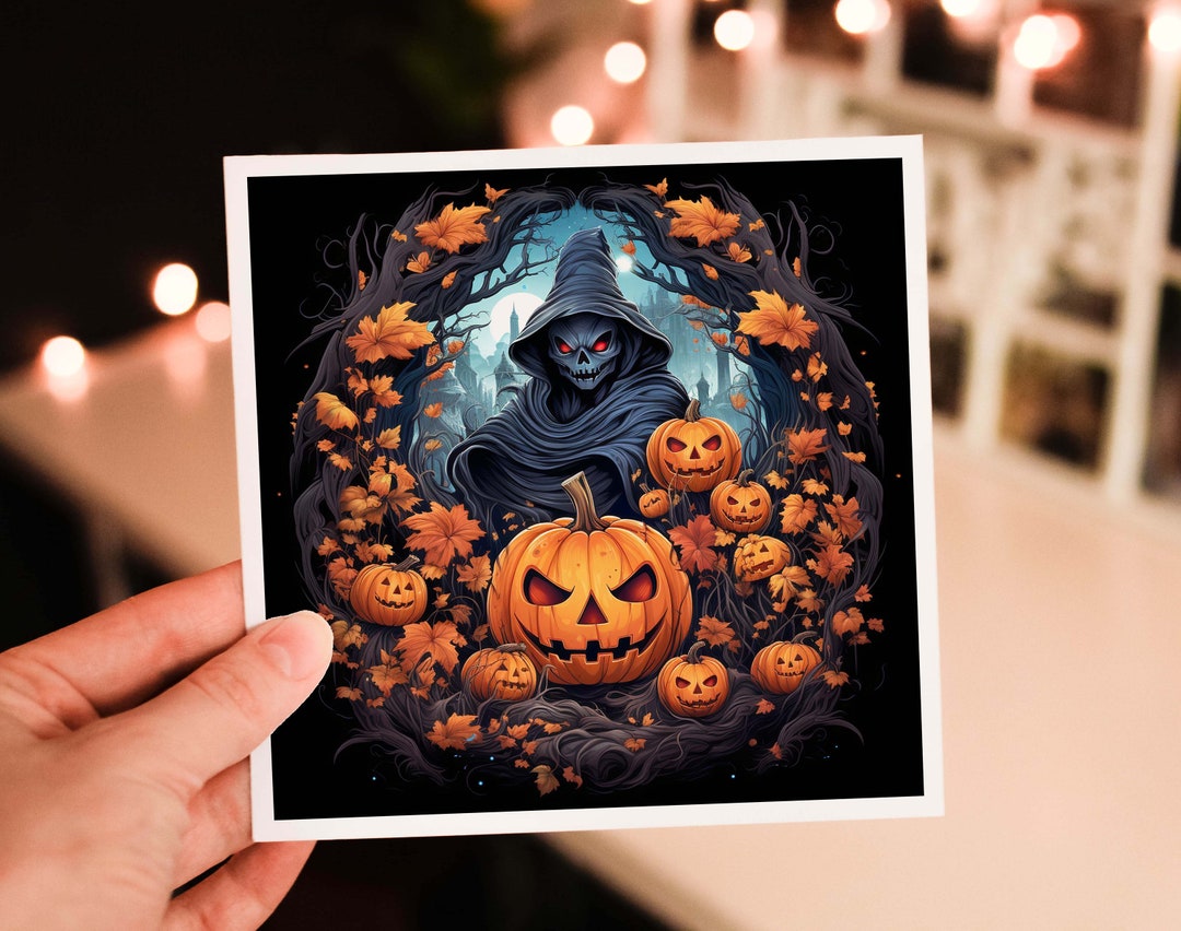 Spooky Ghost and Pumpkins Halloween Greetings Card, Spooky Season ...