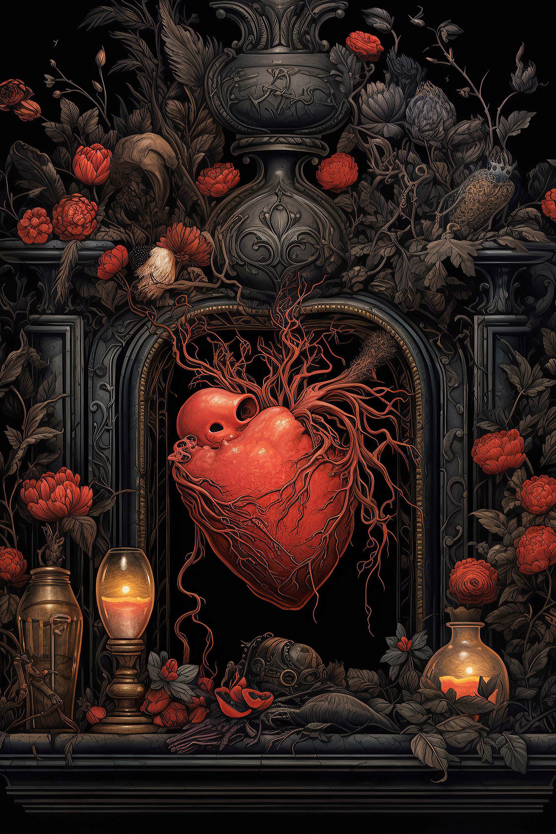 Victorian Gothic Heart Fire Place Fantasy Art Print, Darkarts Poster ...