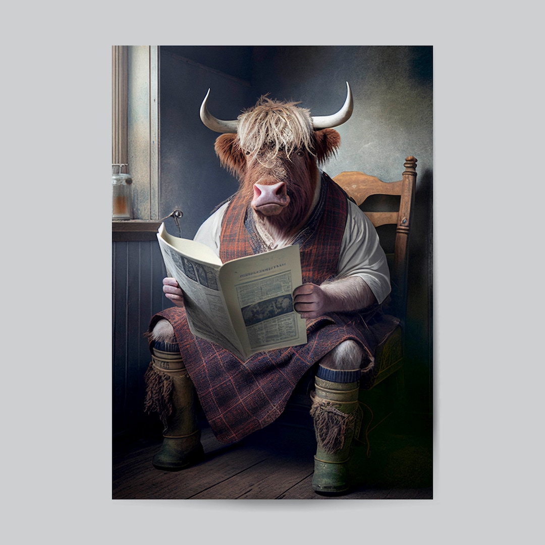 Highlander Cow Reading Newspaper Art, Victorian Highlander Cow Ai Art ...