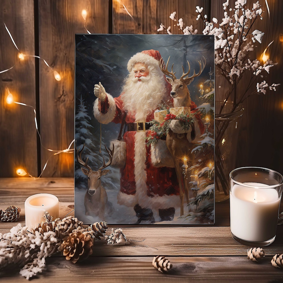 Vintage Santa Claus With Blitzen and Rudolph in the Woods Merry ...